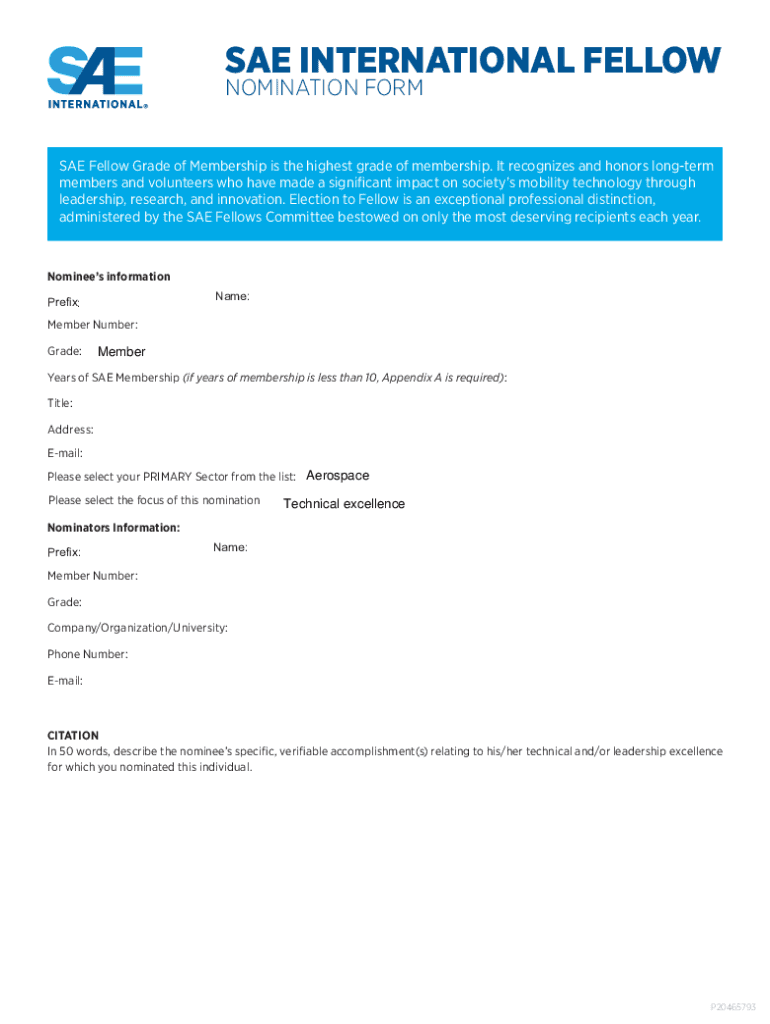 Fillable Online P20465793 fellows form - SAE International Fax Email ...