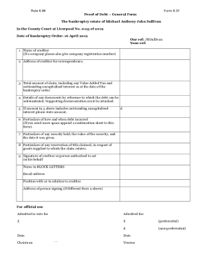 Fillable Online Proof of Debt - General Form - PwC Fax Email Print ...