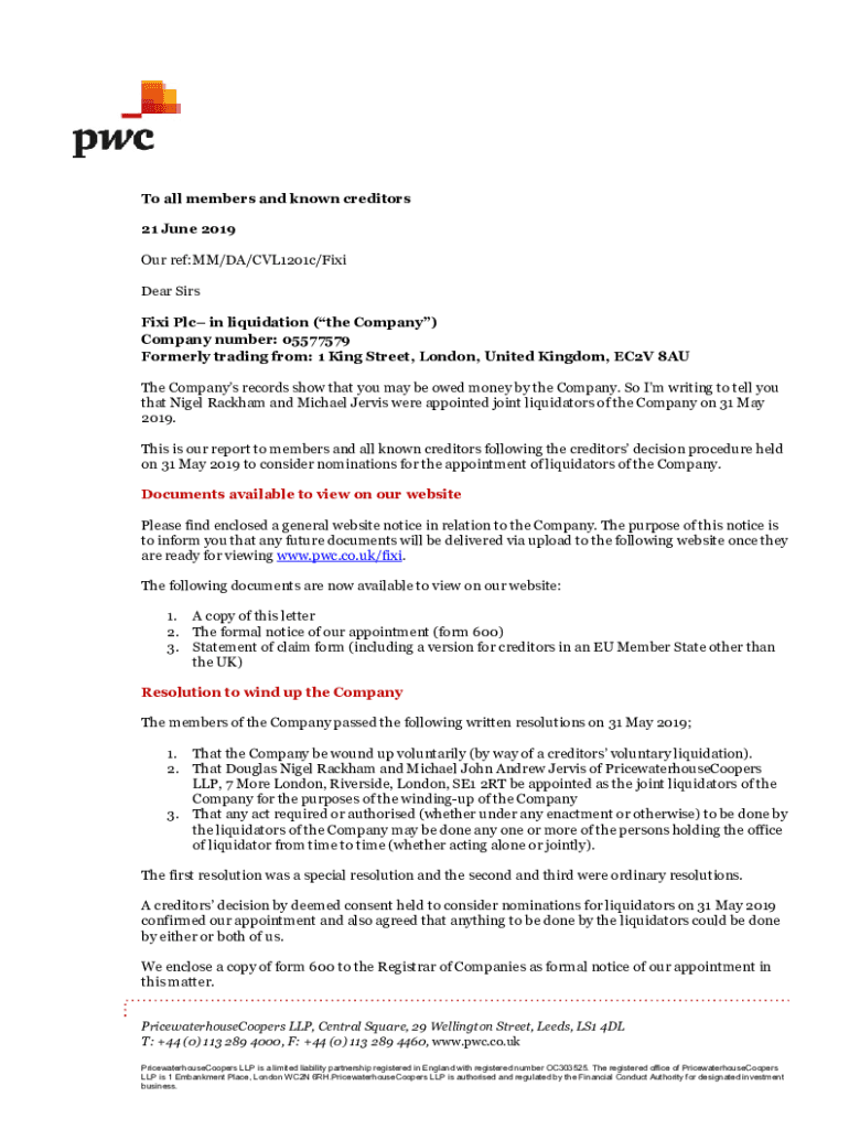 Fillable Online FIXI Initial Creditor Correspondence - PwC Fax Email Print - pdfFiller