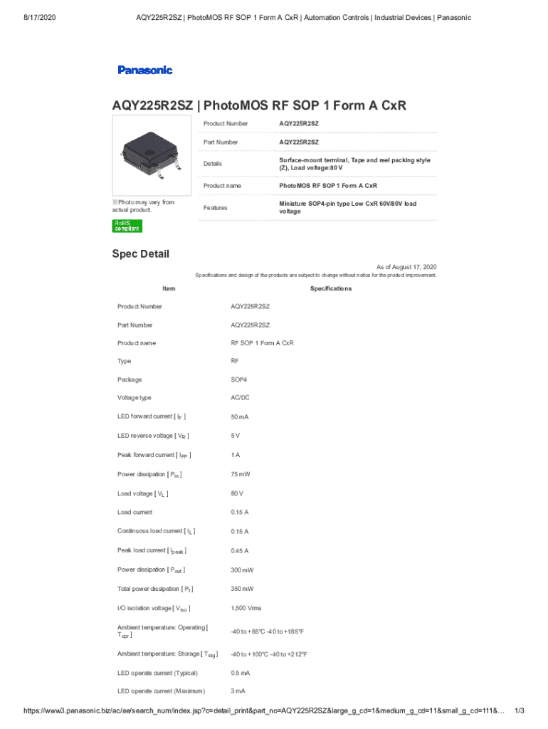 Fillable Online 8/17/2020 AQY225R2SZ PhotoMOS RF SOP 1 Form Fax Email ...