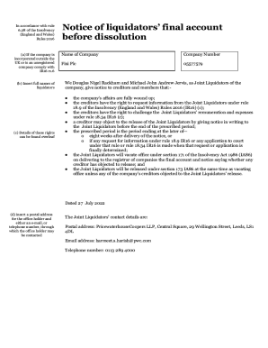 Fillable Online Notice of liquidators' final account before dissolution ...