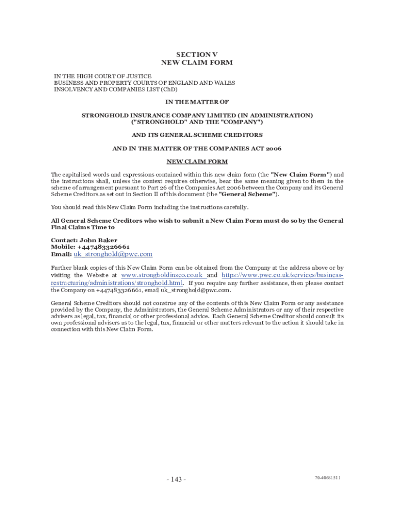 Fillable Online SECTION V NEW CLAIM FORM - PwC UK Fax Email Print ...