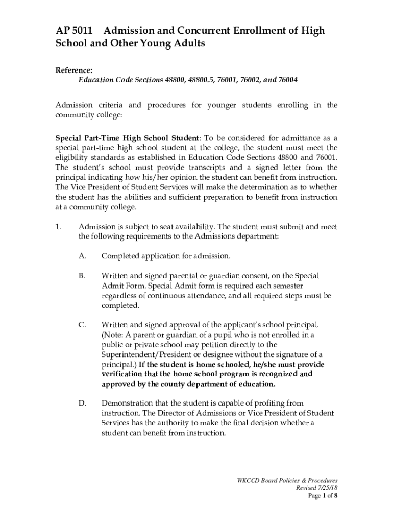 Fillable Online AP 5011 Admission and Concurrent Enrollment of High School ... Fax Email Print ...