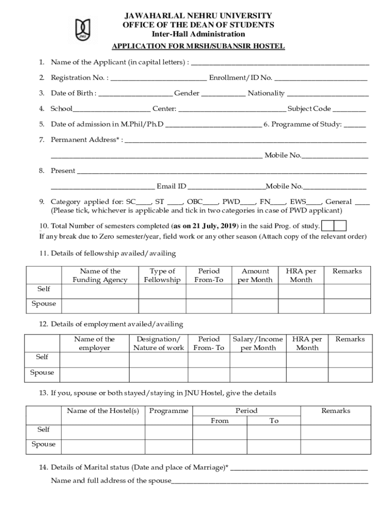 Fillable Online JAWAHARLAL NEHRU UNIVERSITY OFFICE OF THE DEAN OF ...