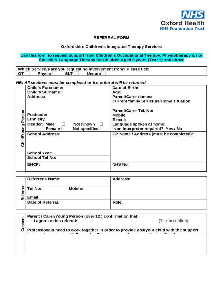 Oxfordshire Therapies Referral for Children Doc Template | pdfFiller