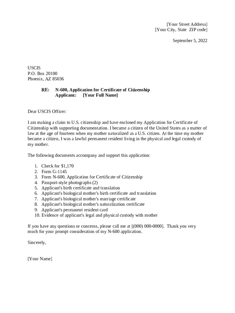 n-600 cover letter Doc Template | pdfFiller