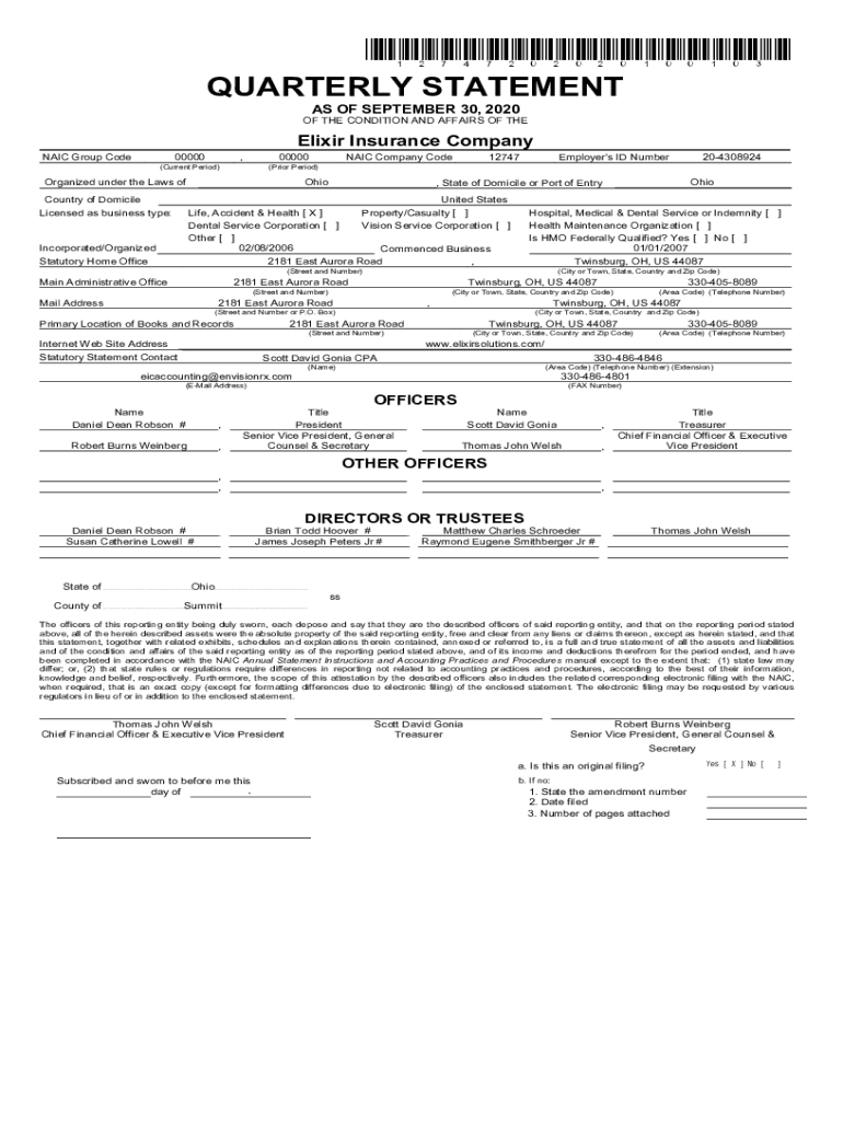 Fillable Online insurance arkansas *12747202020100103* QUARTERLY STATEMENT - Arkansas Fax Email ...