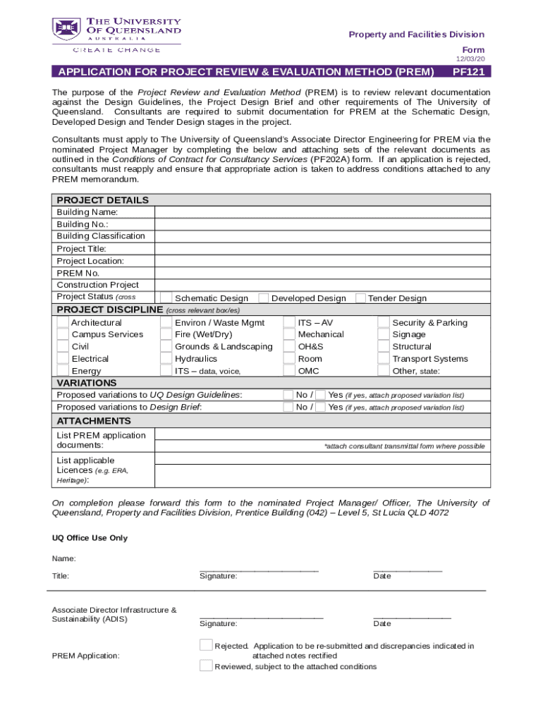 PF121 Application for Project Review and Evaluation Method PREM ...
