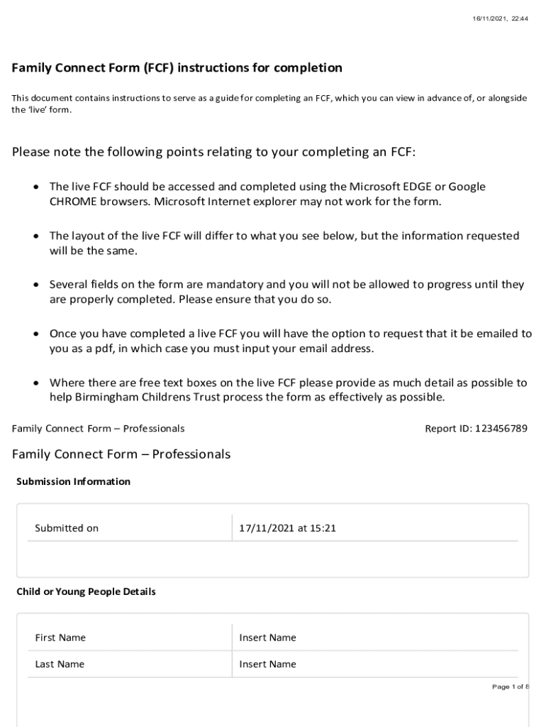 Fillable Online Family Connect Form (FCF) instructions for completion ...