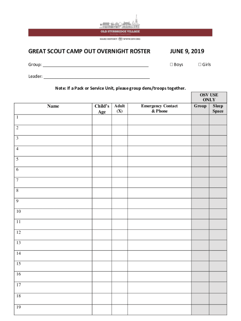 Fillable Online GREAT SCOUT CAMP OUT OVERNIGHT ROSTER JUNE 9 ... Fax ...