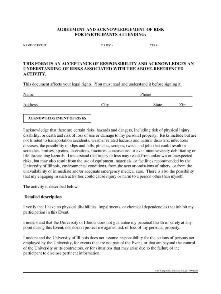 Fillable Online AGREEMENT AND ACKNOWLEDGEMENT OF RISK - University of Illinois Springfield Fax ...