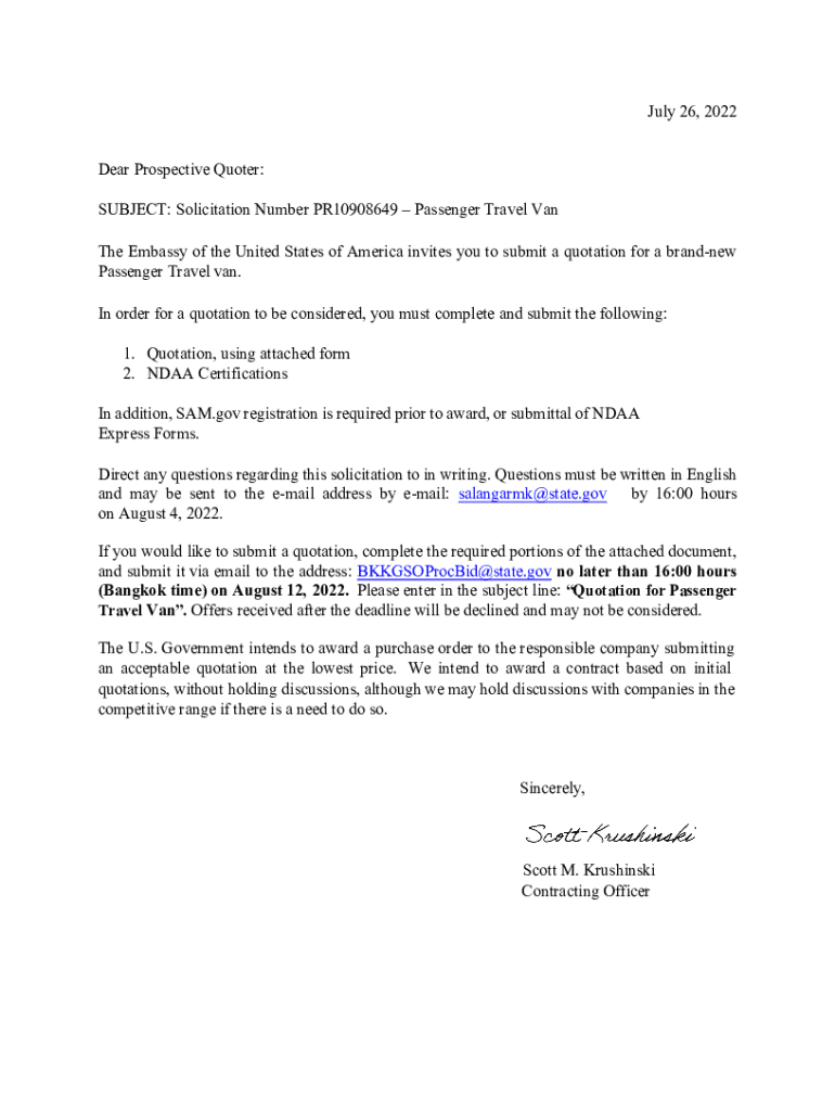 Fillable Online Dear Prospective Quoter: 1. Quotation, using attached ...