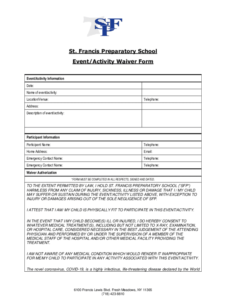 Fillable Online St. Francis Preparatory School Event/Activity Waiver ...