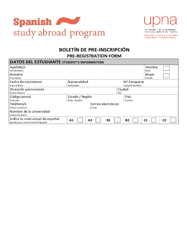 Fillable Online PRE-REGISTRATION FORM DATOS DEL ESTUDIANTE Fax Email ...