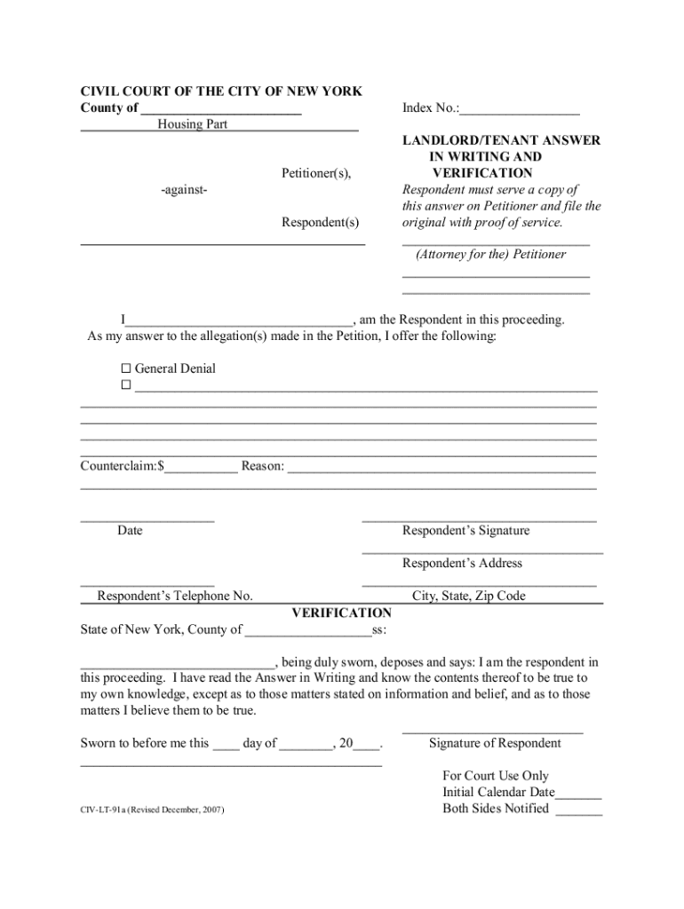 Fillable Online CIVIL COURT OF THE CITY OF NEW YORK County of Fax Email ...