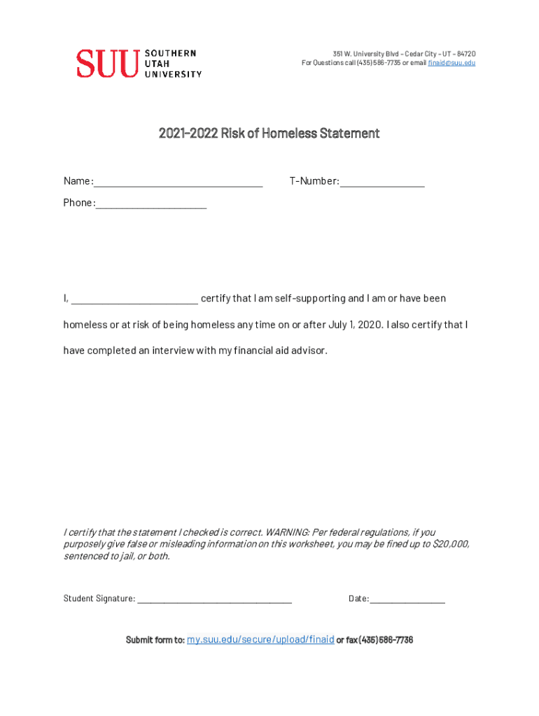 Fillable Online 2021-2022 Risk of Homeless Statement - Southern Utah ...