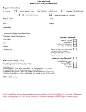 Fillable Online controller psu Penn State Health Certificate of Insurance Request Form ... Fax ...