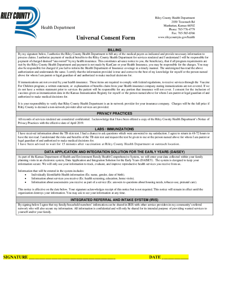 Fillable Online Universal Consent Form - Riley County Health Department ...