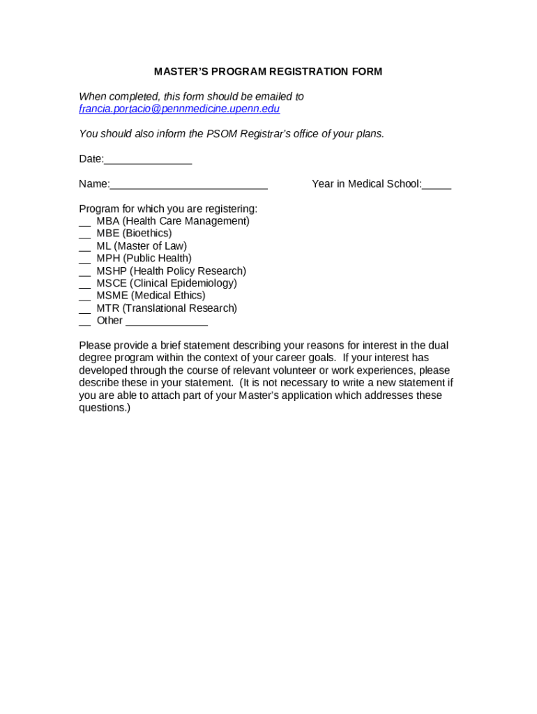 MASTERS PROGRAM REGISTRATION - Perelman School of Doc Template | pdfFiller