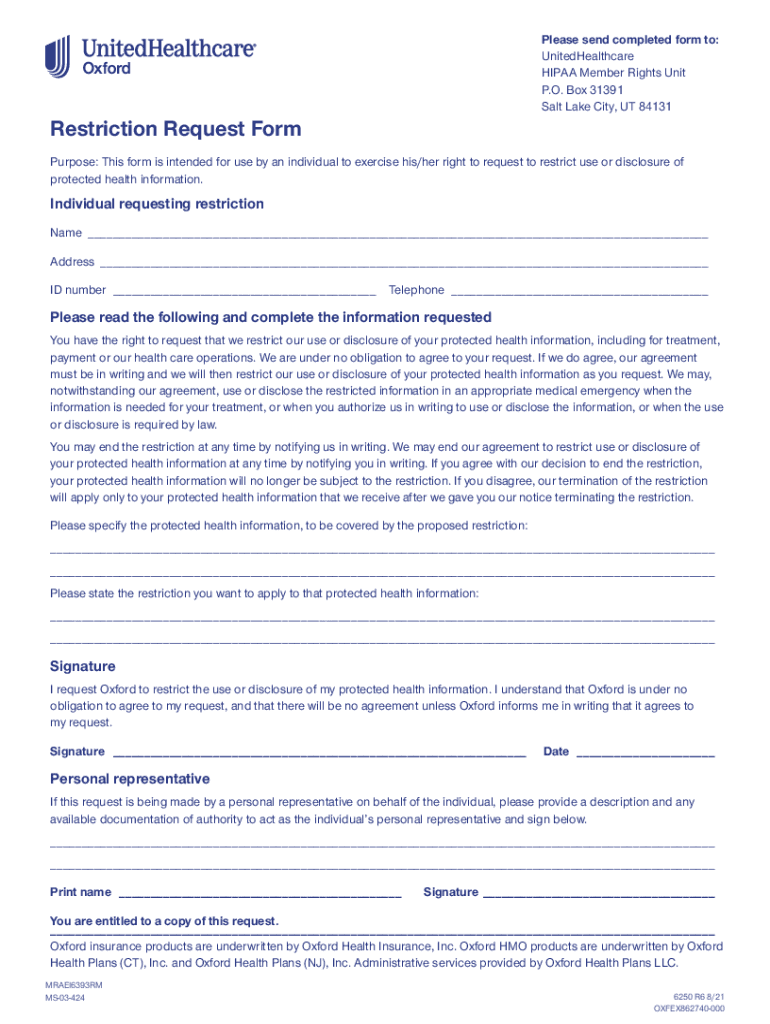 Fillable Online Oxford HIPPA Restriction Request Form - UHCeServices ...