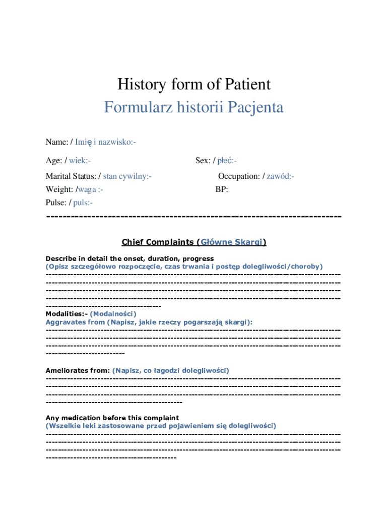 Fillable Online History form of Patient Formularz historii Pacjenta Fax ...