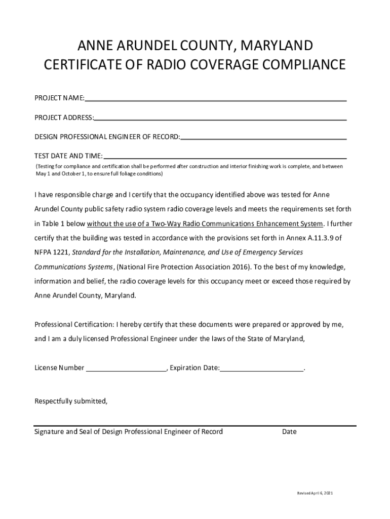 Fillable Online ANNE ARUNDEL COUNTY, MARYLAND CERTIFICATE OF RADIO ...