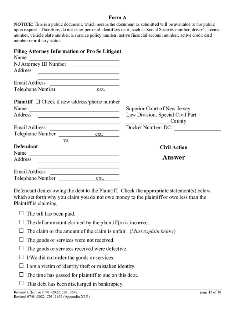 Fillable Online Answer a Complaint in the Special Civil Part With a Counterclaim, Cross-claim ...