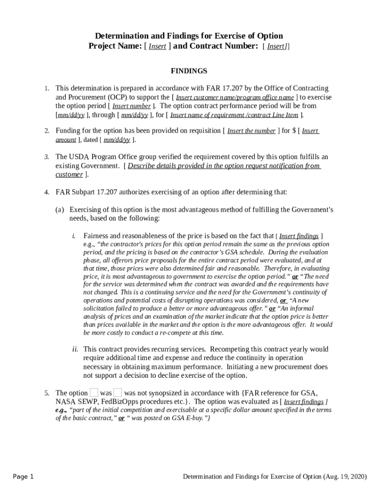 ASI Template: Determination & Findings - Authority to Exercise Option ...