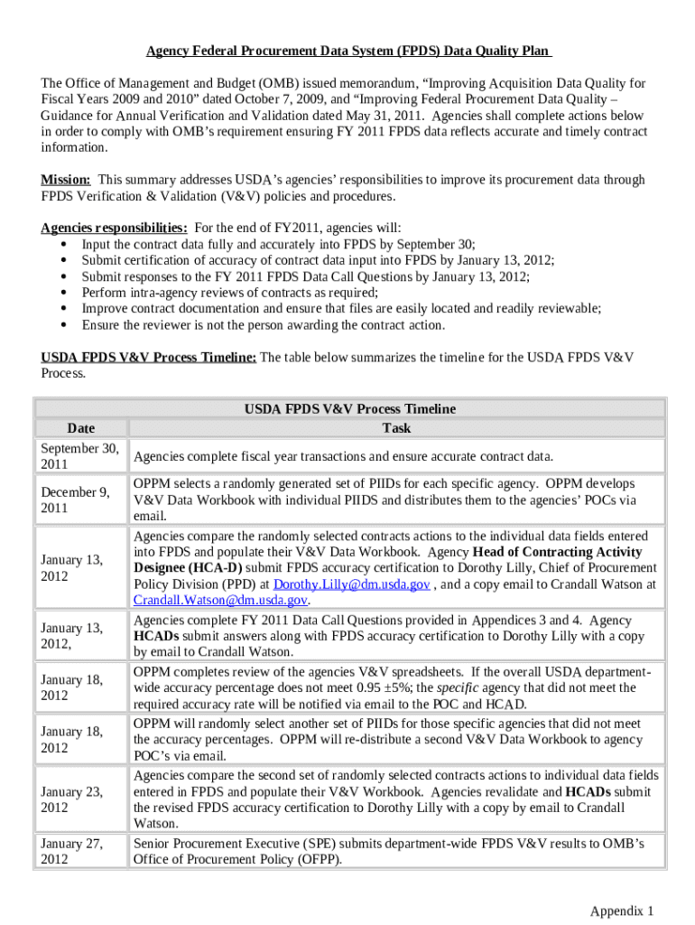 Agency FPDS-NG Data Quality Plan Summary - USDA Doc Template | pdfFiller