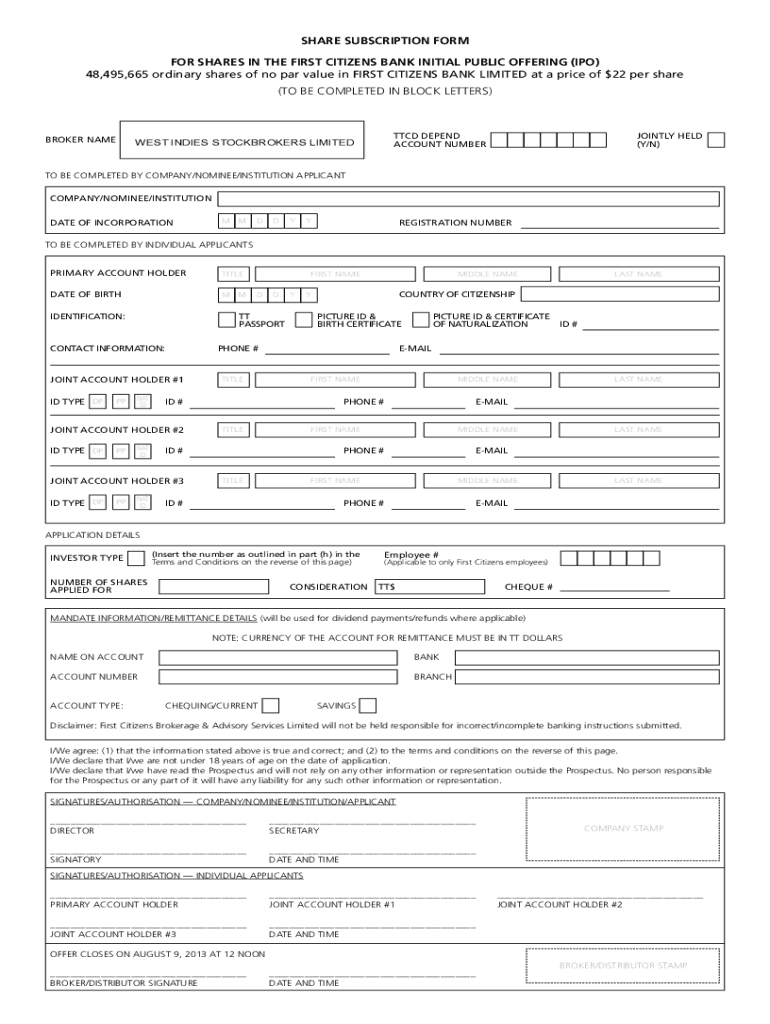 Fillable Online SHARE SUBSCRIPTION FORM FOR SHARES IN THE FIRST ...