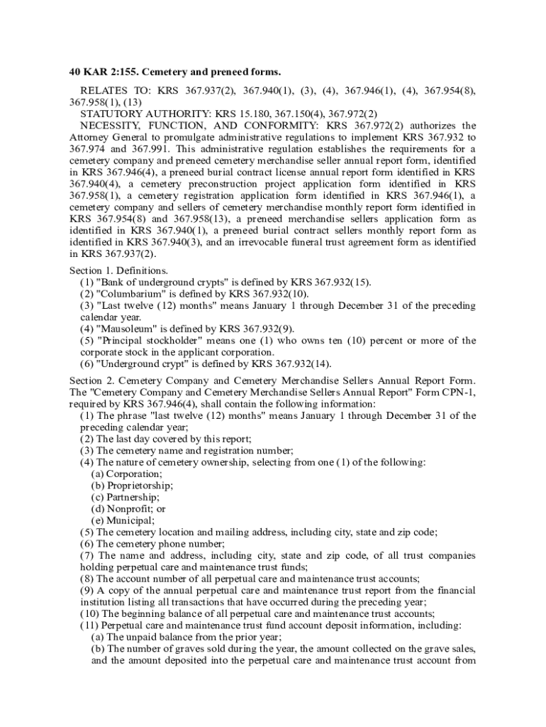Fillable Online 40 KAR 2:155. Cemetery and preneed forms. RELATES TO ...