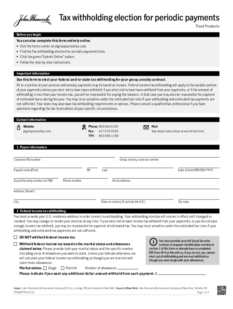 Fillable Online Tax withholding election for periodic payments. Use ...