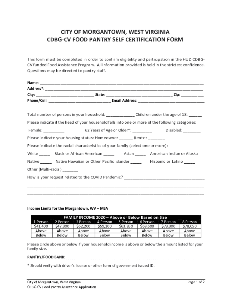 Fillable Online CITY OF MORGANTOWN, WEST VIRGINIA CDBG-CV FOOD PANTRY ...