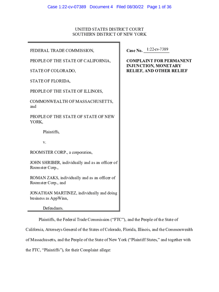 Fillable Online Complaint for Permanent Injunction, Monetary Relief ...