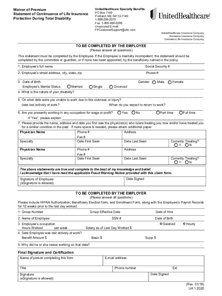 Fillable Online Waiver of Premium UnitedHealthcare Specialty Benefits ...