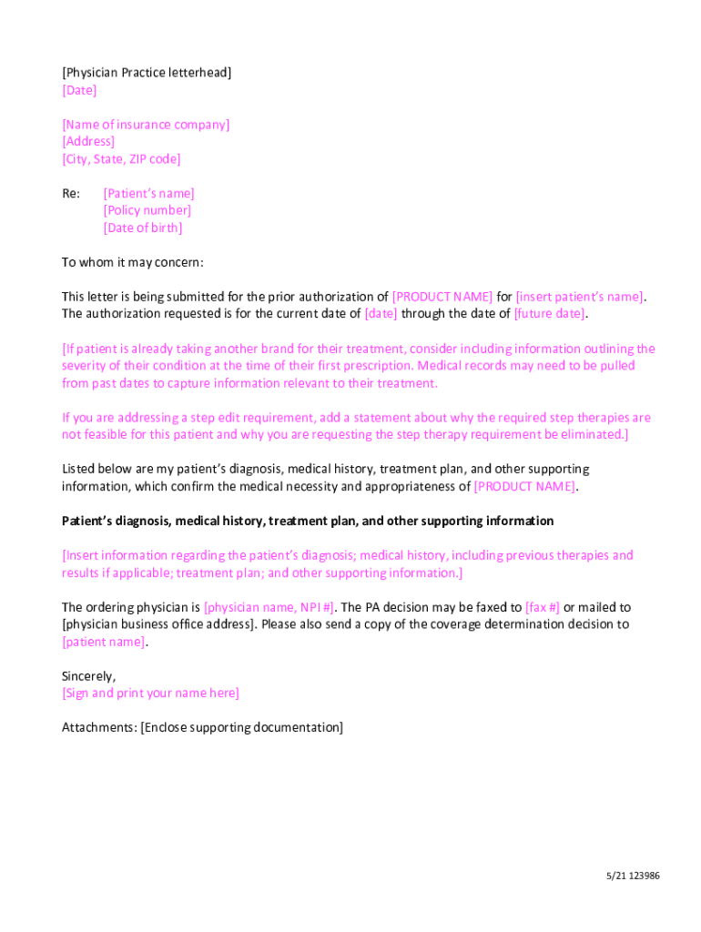 Fillable Online 123986 Sample Letter for Requesting Prior Authorization ...