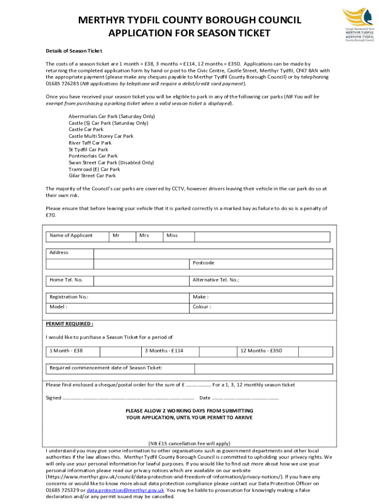 Fillable Online Application for a Season Ticket. Application for a ...