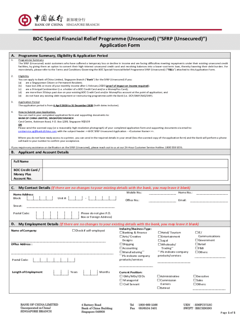 Fillable Online BOC Special Financial Relief Programme (Unsecured ...