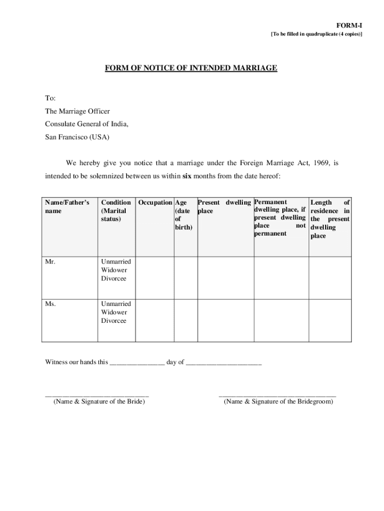 Fillable Online FORM OF NOTICE OF INTENDED MARRIAGE - cgisf.gov.in Fax ...