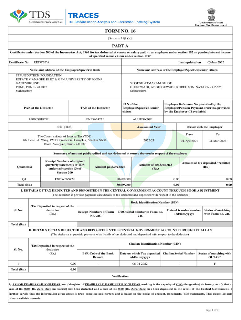 Fillable Online FORM NO. 16 See rule 31 (i)(a)PART A Certificate under section 203 ... Fax Email ...