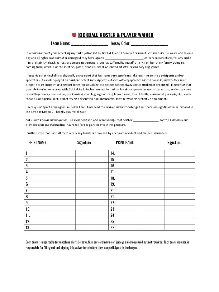 Fillable Online Kickball Roster Including Waiver Form. Kickball Roster ...
