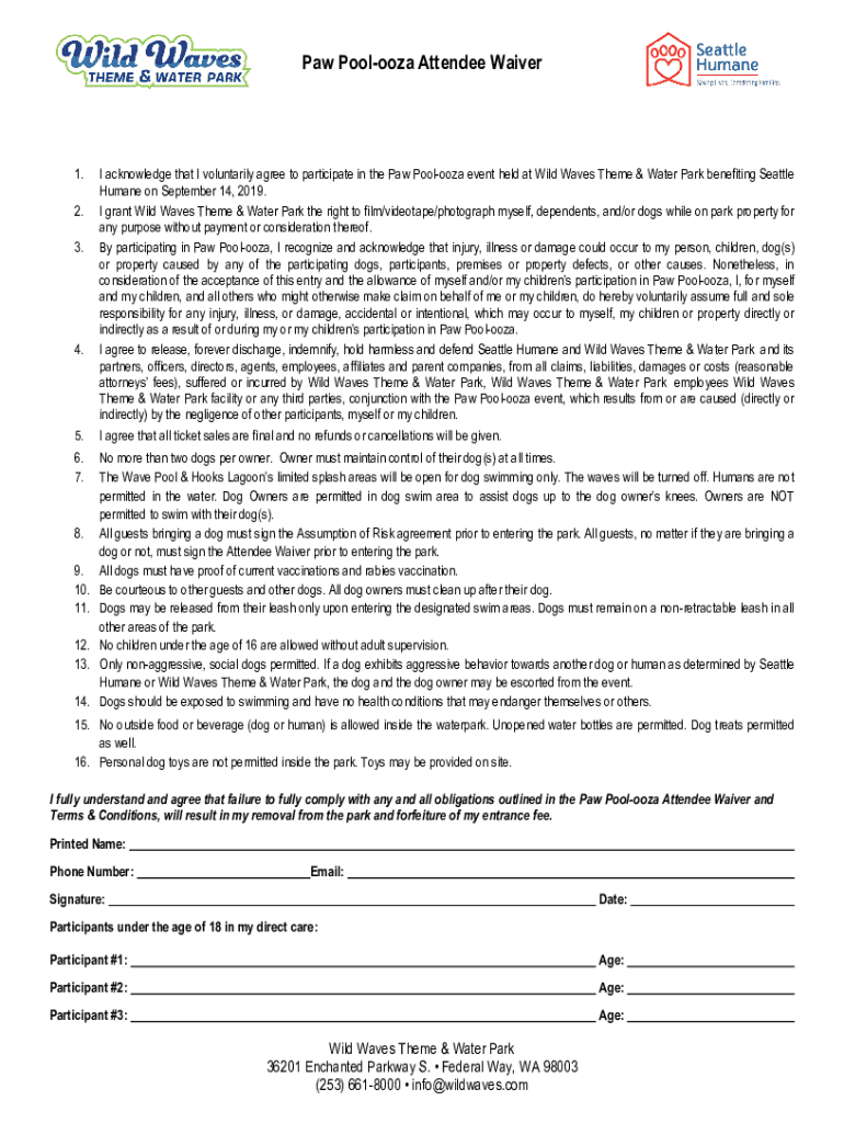 Fillable Online Paw Pool-ooza Attendee Waiver - Wild Waves Theme Park Fax Email Print - pdfFiller