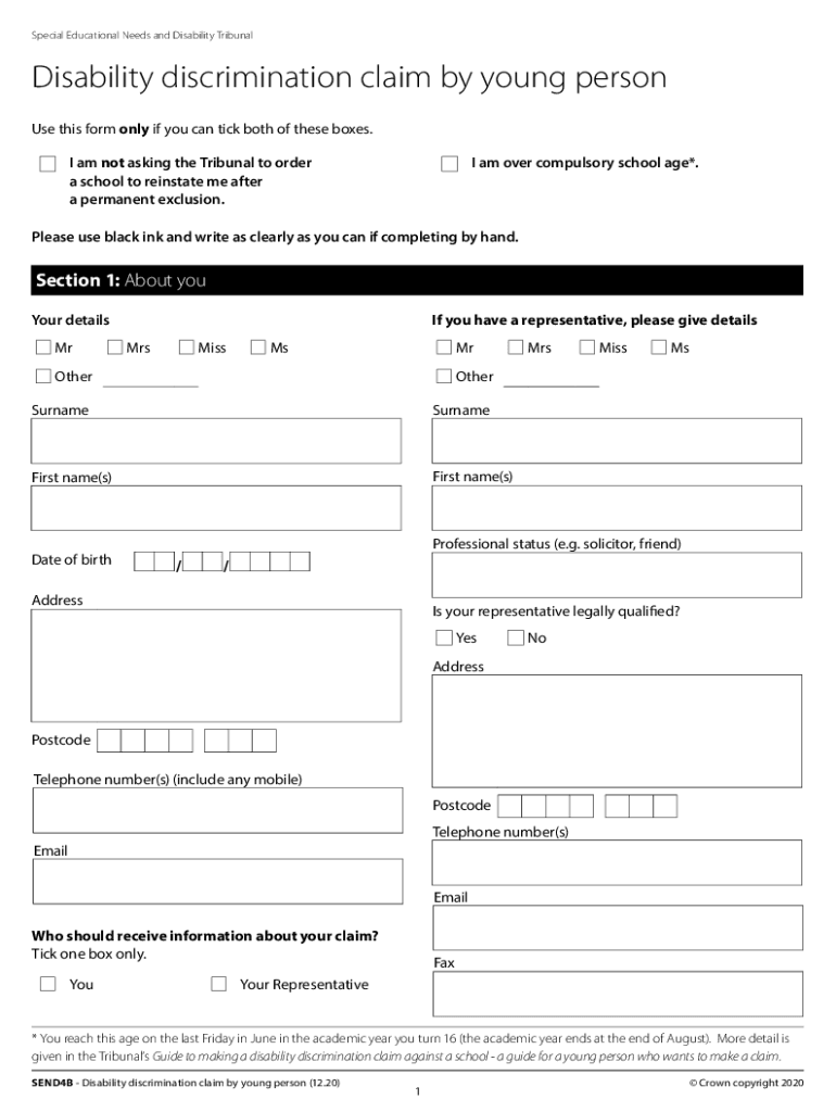Fillable Online SEND4B - Disability discrimination claim by young person Fax Email Print - pdfFiller