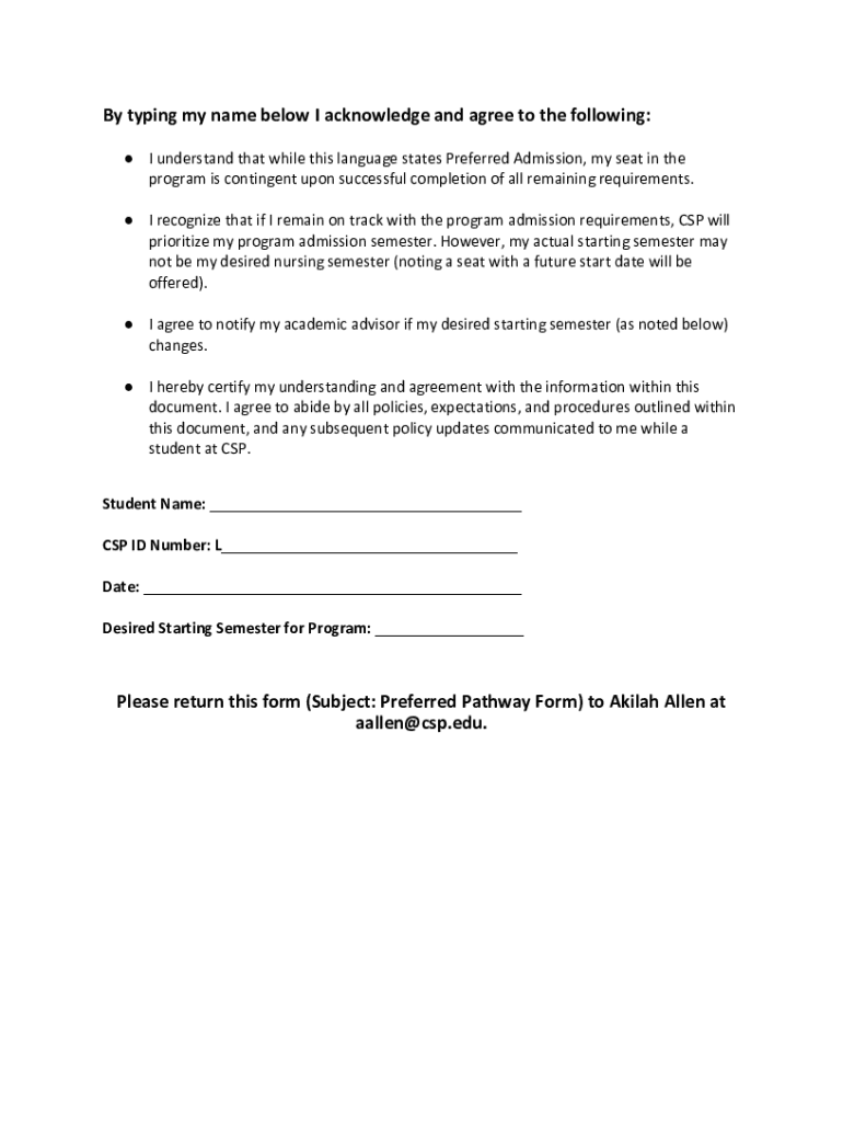 Fillable Online Nursing Preferred Admission Pathway Acknowledgement ...