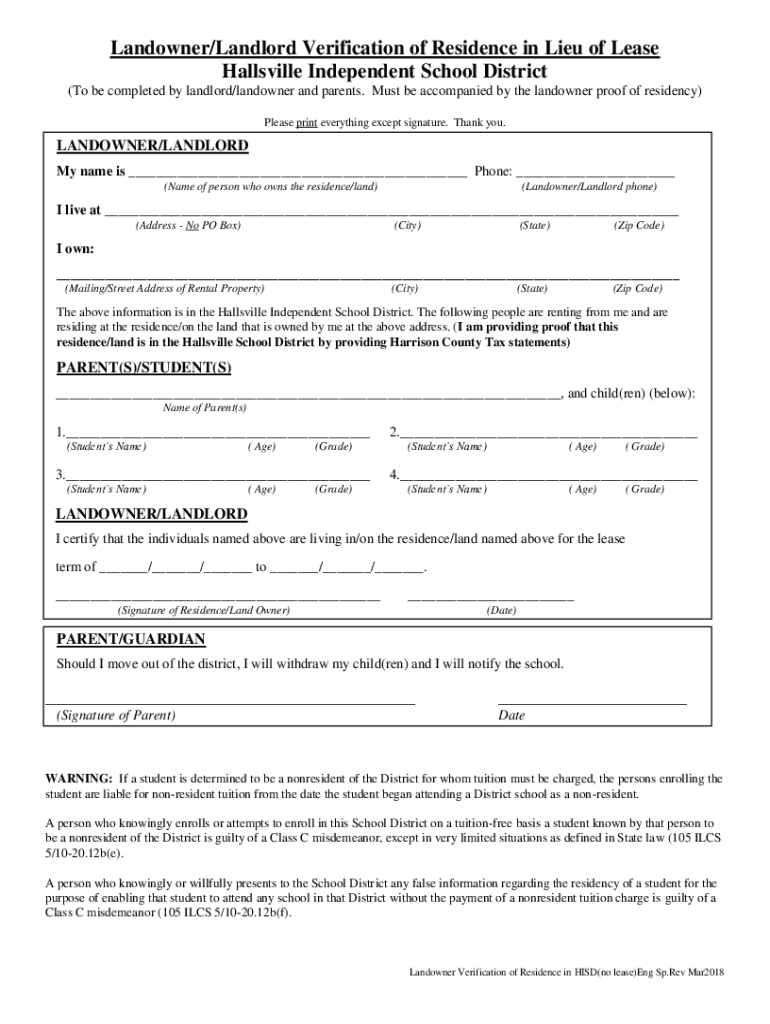 Fillable Online Landowner/Landlord Verification of Residence in Lieu of ...