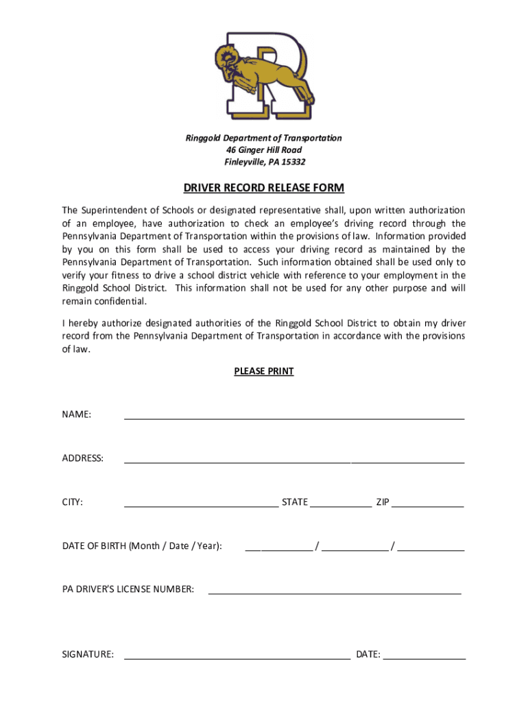 Fillable Online DRIVER RECORD RELEASE FORM - Ringgold School District ...