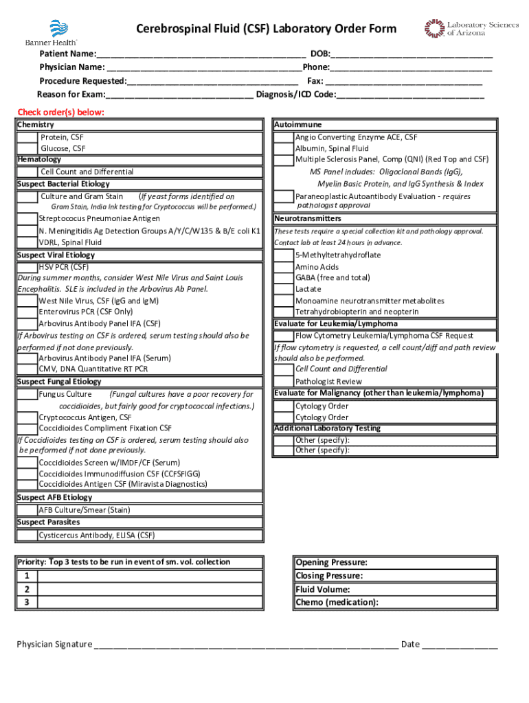 Fillable Online Cerebrospinal Fluid (CSF) Laboratory Order Form Fax ...