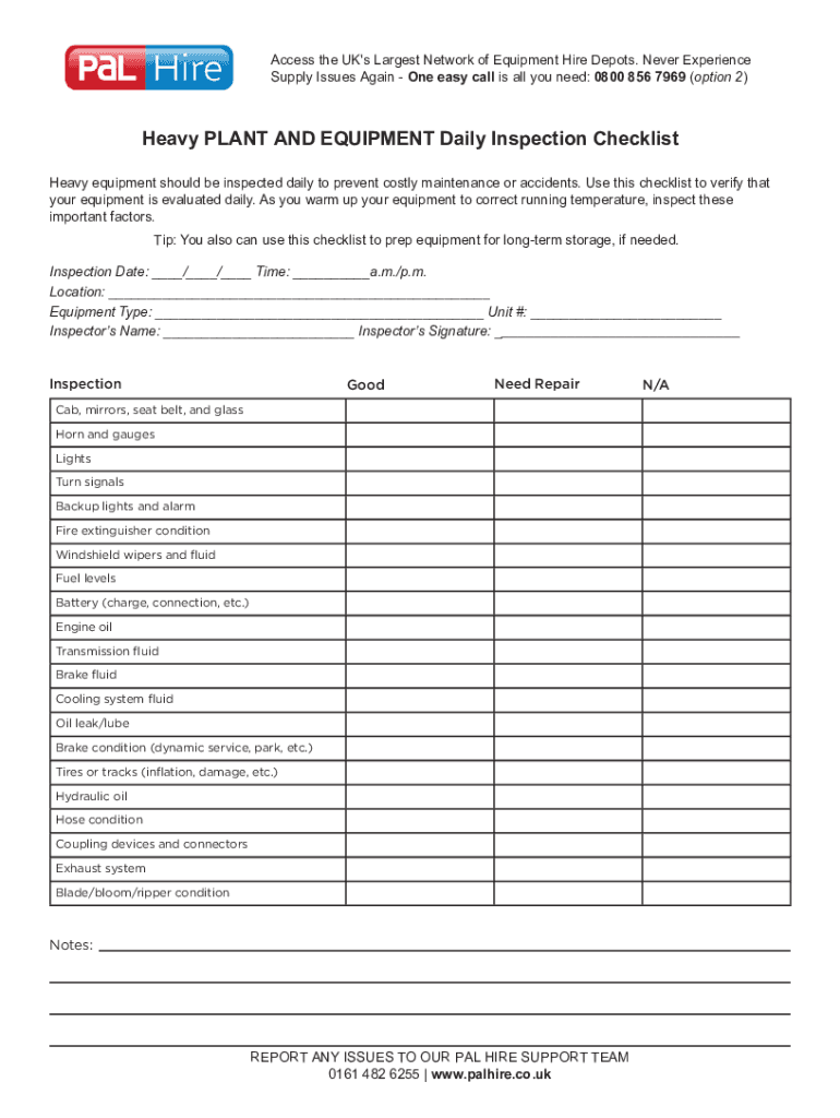 Fillable Online Heavy PLANT AND EQUIPMENT Daily Inspection Checklist ...