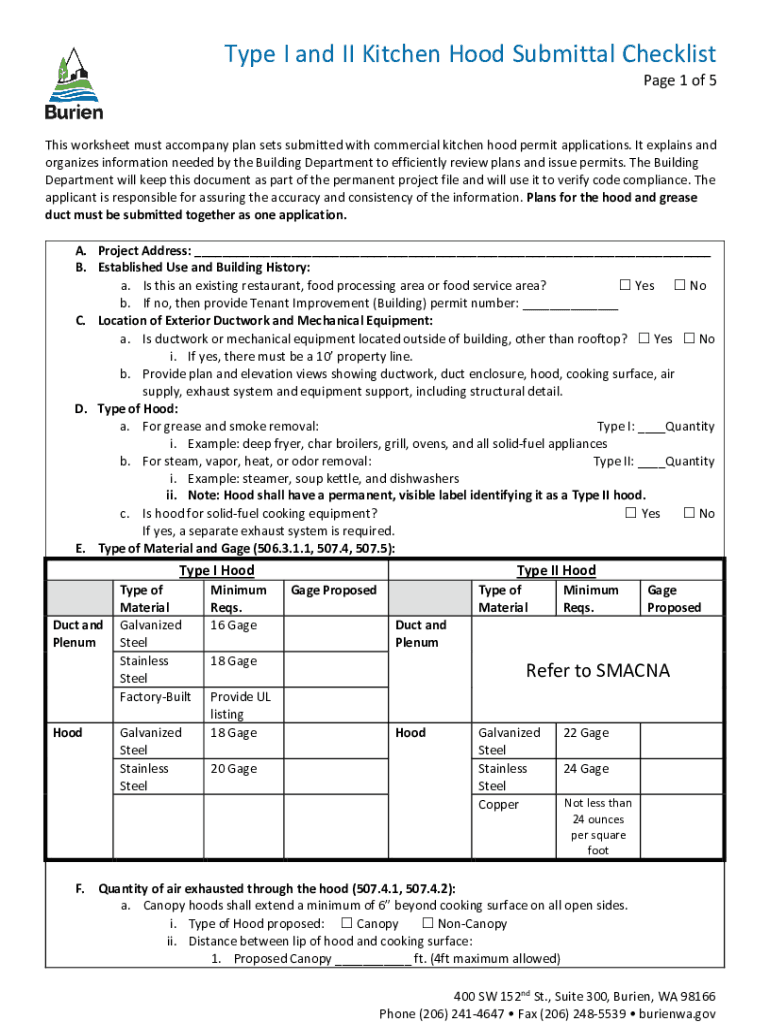 Fillable Online Commercial Kitchen Hood Worksheet ChecklistType 1 VS ...