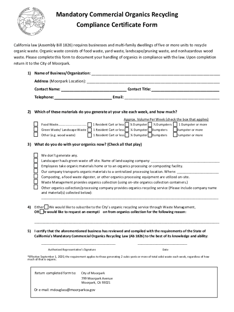 Fillable Online Mandatory Commercial Organics Recycling Compliance Certificate ... Fax Email ...